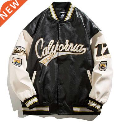 Hip Hop Leather Baseball Jacket Men Letter Embroidery Patchw