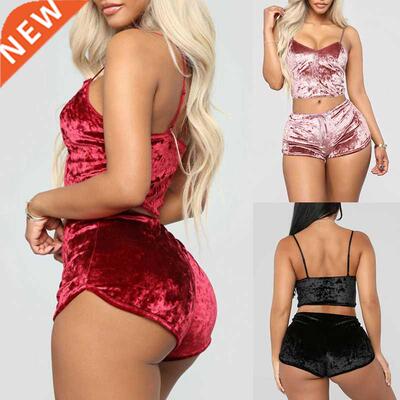 2 Piece Set Women Velvet Pajama Set Sexy Spaghetti Straps Sl