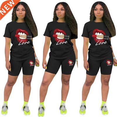 Summer Sets Womens Outfits O-Neck Sexy Short Sets Kiss Lip F