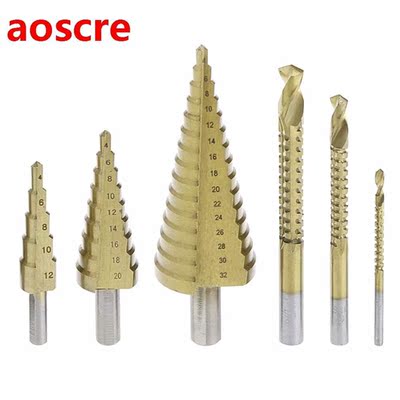 6 Pcs/Set HSS Steel Titanium Coated Step Drill Bit Hole Cutt