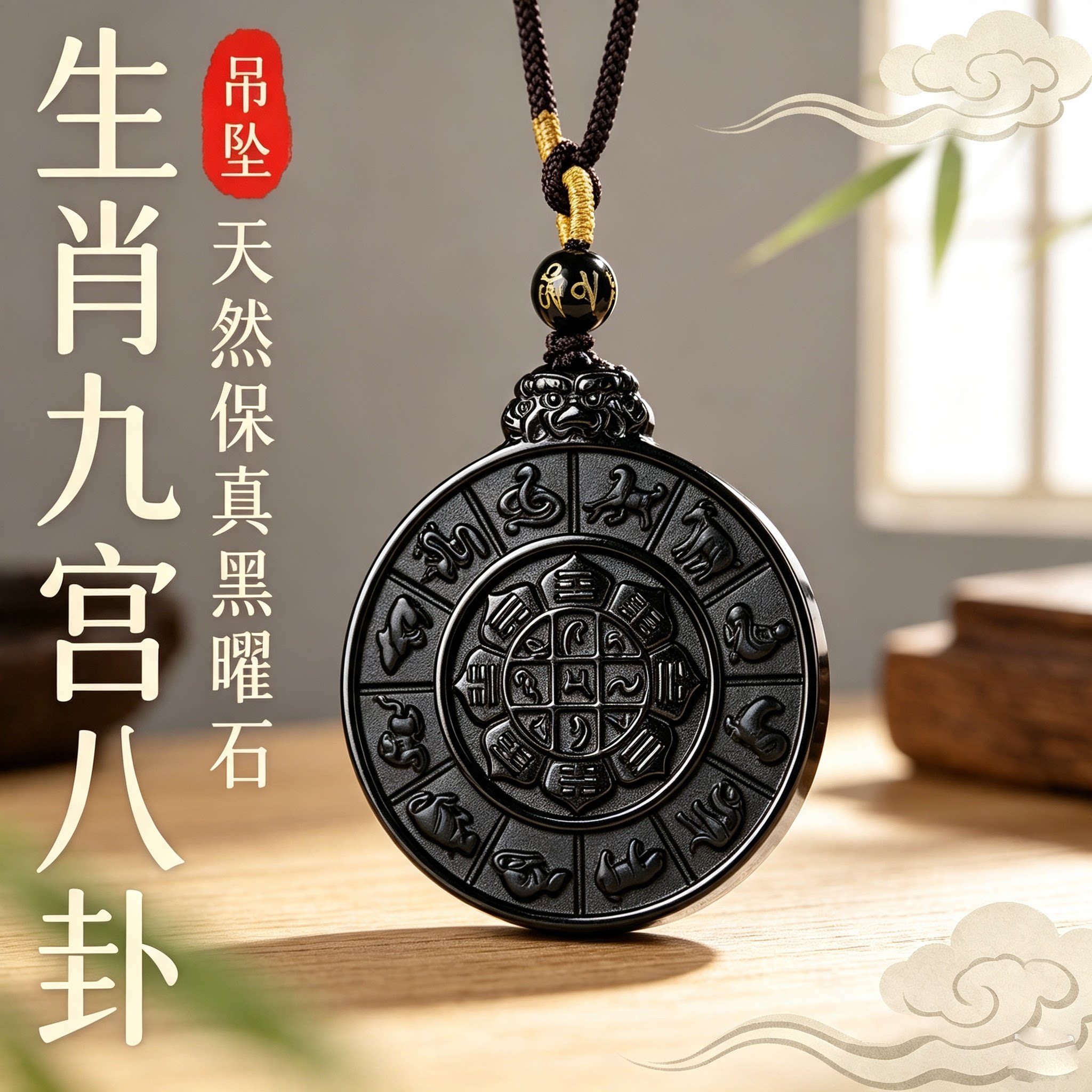 正品天然黑曜石吊坠十二生肖九宫八卦平安扣项链本命年护身挂件男