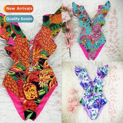 2023 new one-piece swimsu women printed deep V one-piece Eur