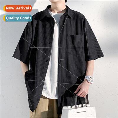 Short-sleeved shirt men 2023 summer draping ice silk texture