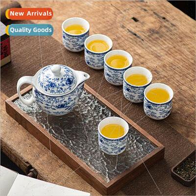 Vintage hand-painted ceramic blue whe teapot set home drinki