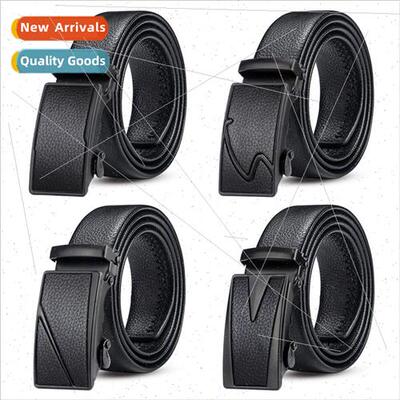 New automatic buckle men belt black lchi grain scratch-resis
