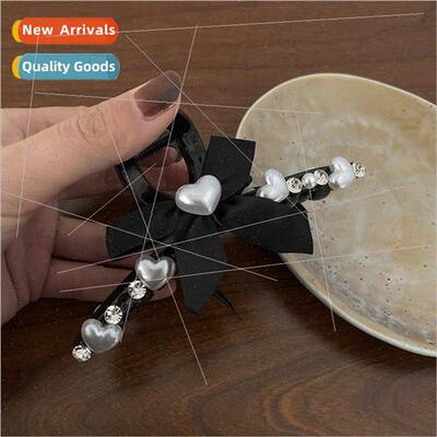 Black bow heart pearl hair clips female back head grab clip