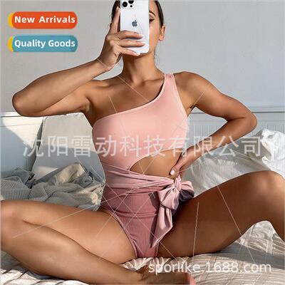 One-piece swimsu 2023 new solid color one-shoulder belt spli
