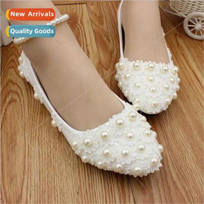 Whe Wedding Dress Flat Shoes Bridal Women Low Heel Ankle Cha