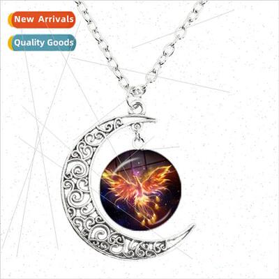 Phoenix Moon Necklace Round Glass Cabochon Handmade Men Birt