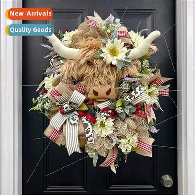 HighlCow Head Easter Spring Decor Wreath Door Hanging Wall H