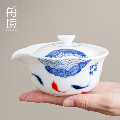 舟境高档羊脂玉手抓壶盖碗家用手绘陶瓷茶壶泡茶碗带盖不烫手喝茶