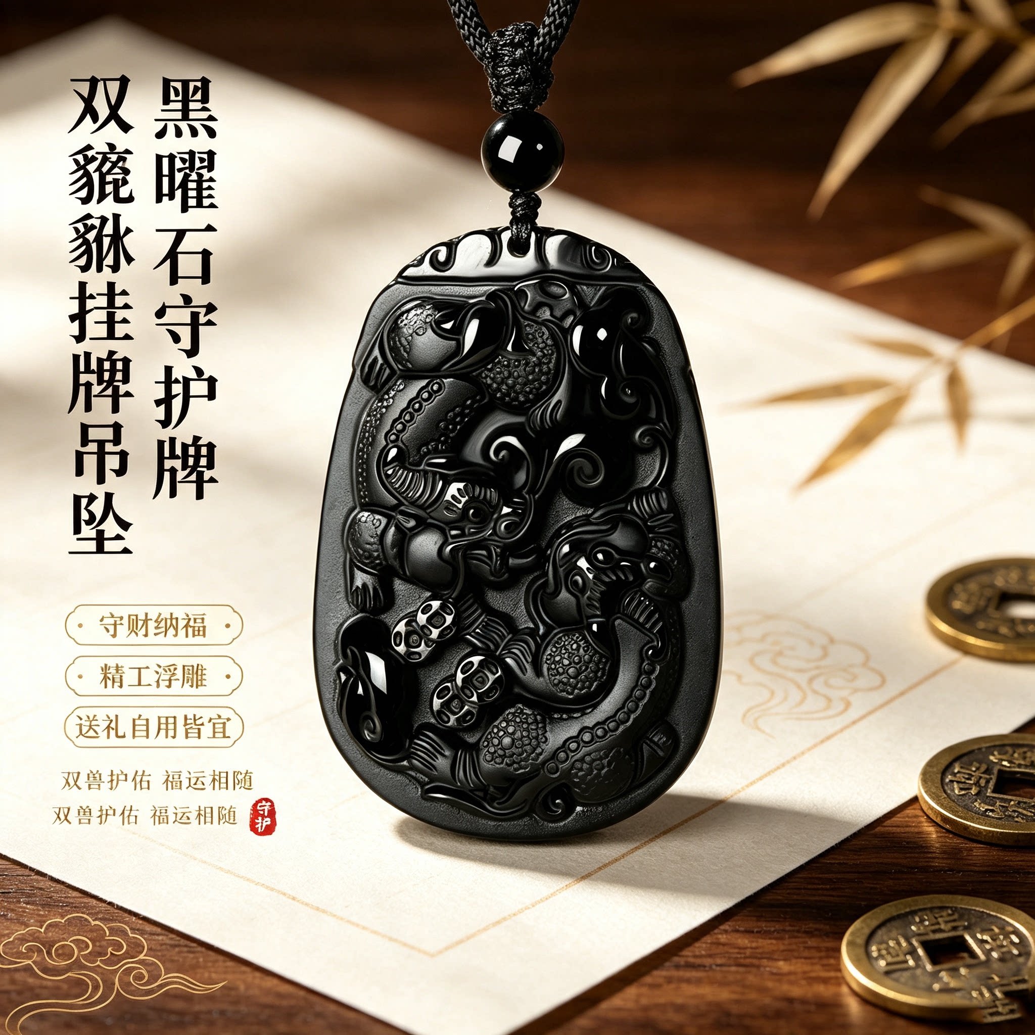 正品天然乌金黑曜石祥瑞双貔貅吊坠男女款本命年转运挂件招财项链