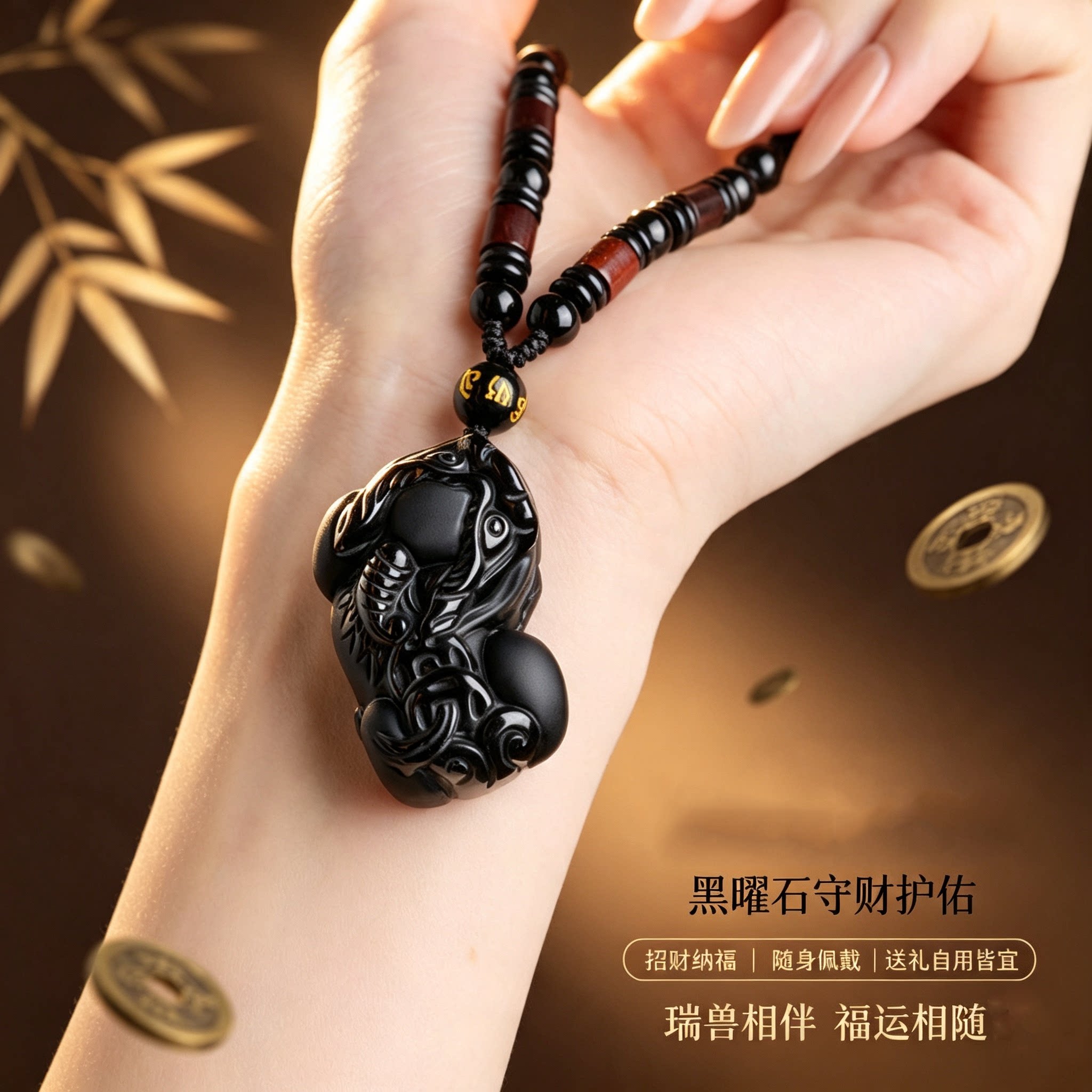 正品天然黑曜石招财貔貅吊坠女款本命年转运护身符挂件项链礼物男