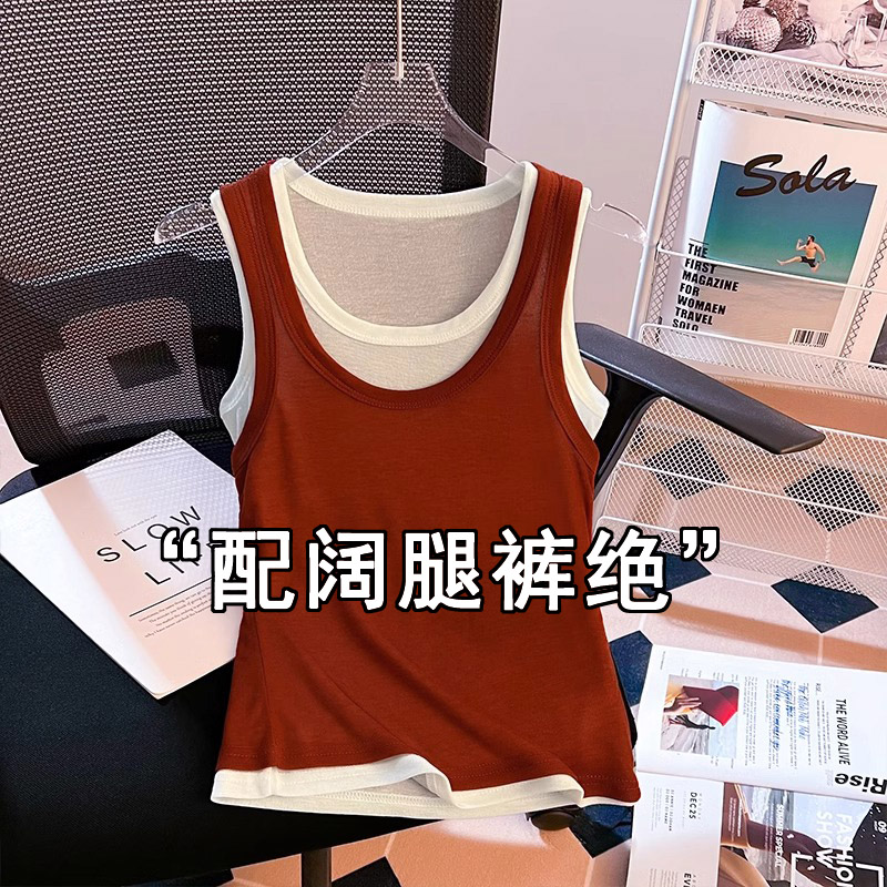 撞色假两件工字吊带背心女夏季2026新款休闲外穿修身u领无袖上衣