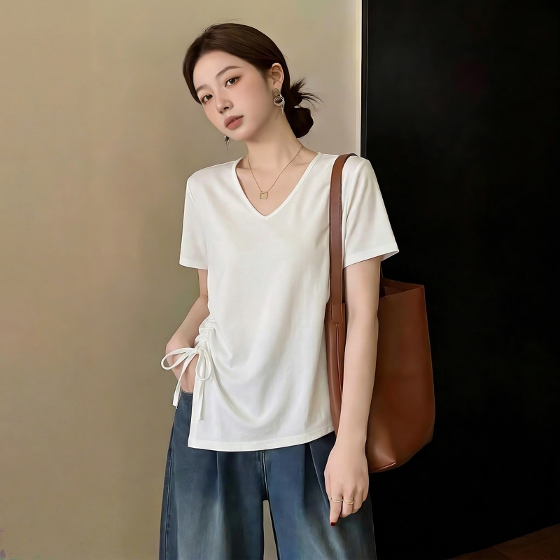 设计感抽绳收腰v领短袖t恤女2026夏季大码胖mm正肩显瘦不规则上衣