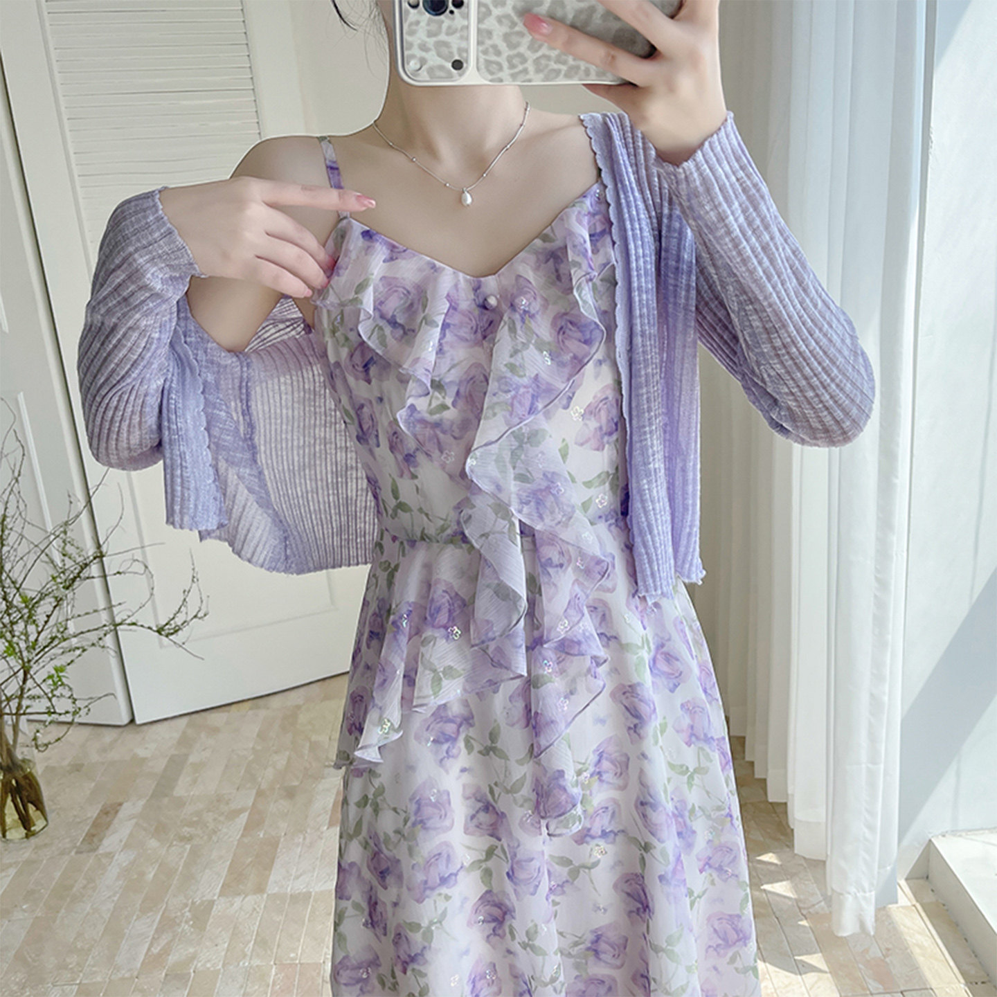 荷叶边碎花连衣裙女夏季2026新款长袖防晒开衫女显瘦长裙两件套装