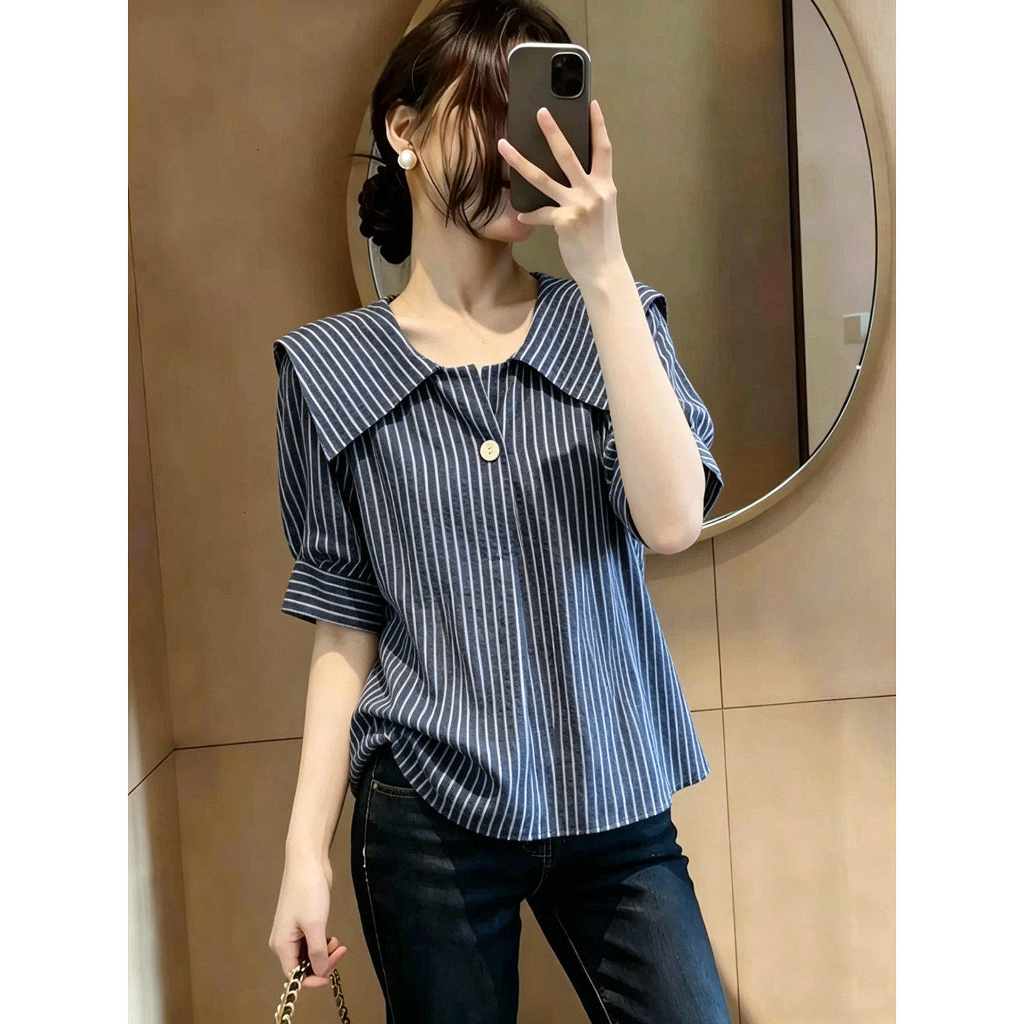 法式高级感海军领条纹短袖衬衫女夏装大码胖mm气质显瘦巨好看上衣