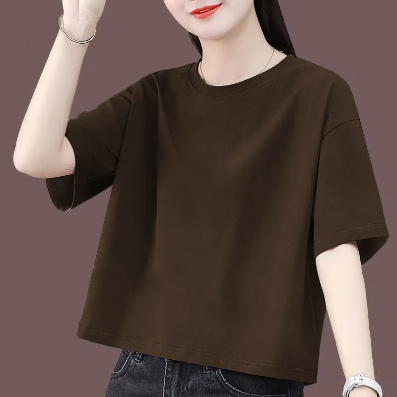 纯棉短袖T恤女夏季新款宽松显瘦大码小个子短款圆领半袖体恤上衣
