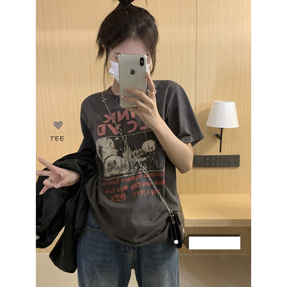 纯棉短袖T恤女士2026夏季新款欧货印花宽松大码正肩半袖体恤上衣