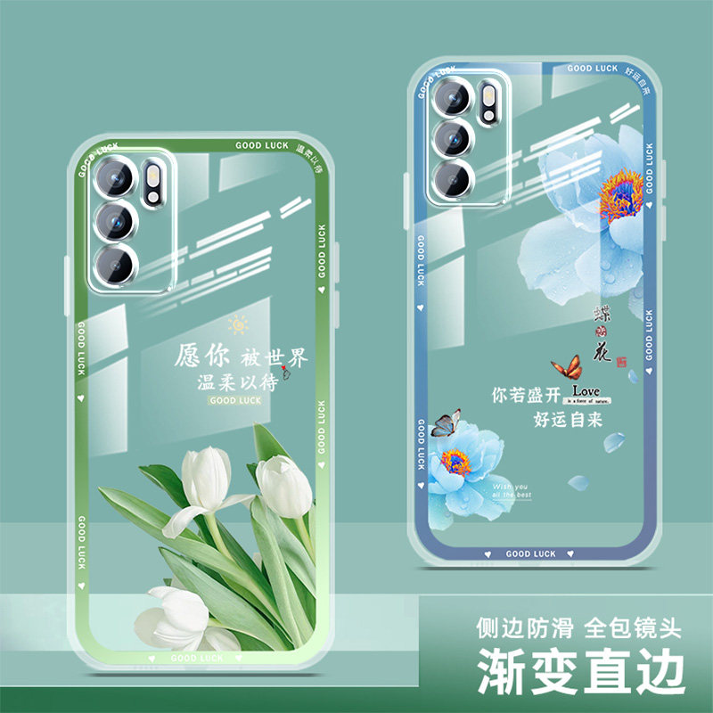 opporeno6手机壳透明女新款全包oppo reno6保护套reno6pro软壳网红硅胶薄防摔直边中国风卡通高级感文字时尚