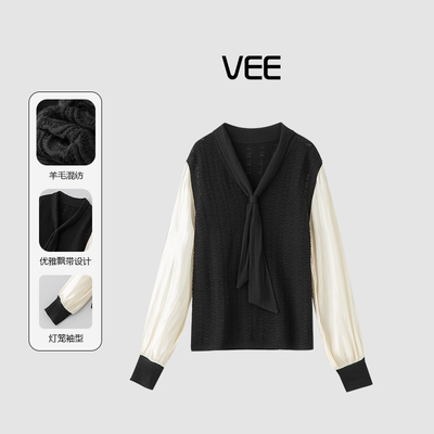 VEE【新女性】针梭相拼羊毛混纺套头飘带领灯笼袖针织衫