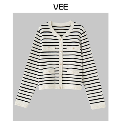 VEE【黑白间奏】法式优雅小香条纹针织外套B338397