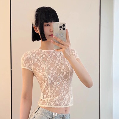 现货WELL弹力蕾丝网纱短袖T恤女
