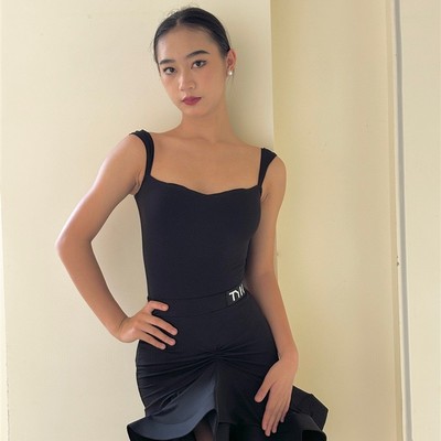 百搭扇形肩带连体服短款包臀褶皱显高鱼骨裙拉丁舞k专业训练服