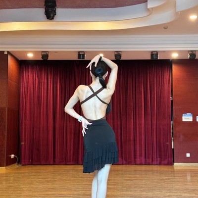 舞服拉丁舞分体吊带套装大露背连体衣玫瑰三层短款Z半身裙伦巴女