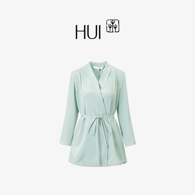 HUI卉桑蚕丝缥碧色围裹打褶上衣