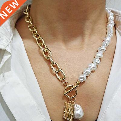 KMVEXO Vintage Baroque Irregular Pearl Lock Chains Necklace