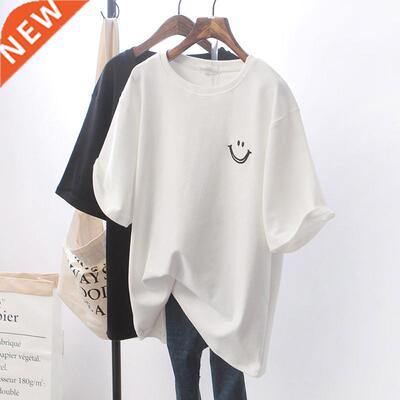 Loose White Black Short-sleeved T-shirt Smile Face Printed W