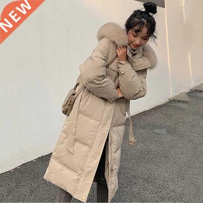 Long Fox Fur Hooded Winter Down Coat Women 90% White Duck Do