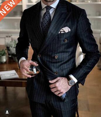 Blck Stripe Men Suit Double Brested Blzer Ltest Cot Pn
