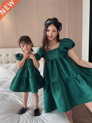 Green Bubble Pent-child Dress Family Matching Outfits Clot