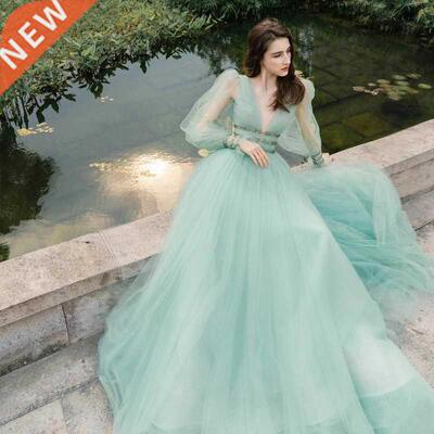 A Line Mint Green Long Sleeves Prom Dresses Modest V Neck Fl