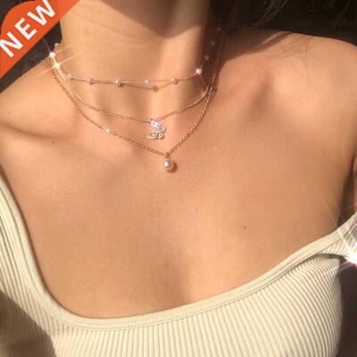 Fashion Butterfly Crystal Pearl Pendant Necklace Statement C