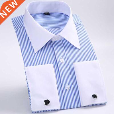 Men's Classic French Cuffs Striped Dress Shirt Single Patch