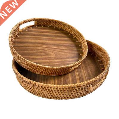 2 Pcs Woven Trays With Handles,Wicker Service Baskets,Round