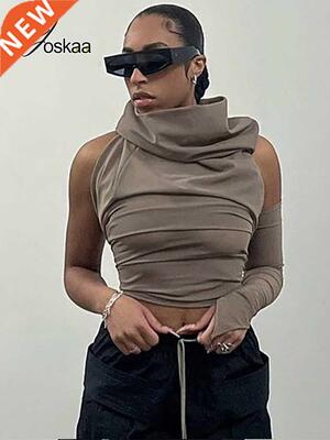 Joskaa Brown Single Sleeve Off Shoulder Top Casual Slim Crop