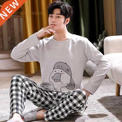 Autumn Winter Men's Cotton Pajamas Letter Striped Sleepwear
