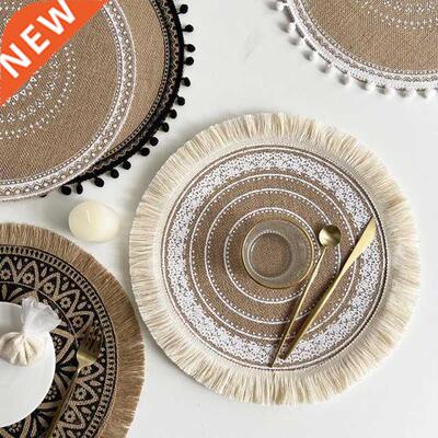 Round Embroidery Table Placemat Nordic Style Non-slip Linen