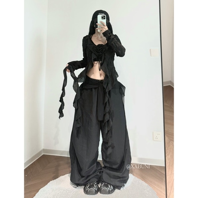 XXBUNI黑色爵士舞服装女辣妹风蕾丝边长袖上衣黑色宽松高腰阔腿裤