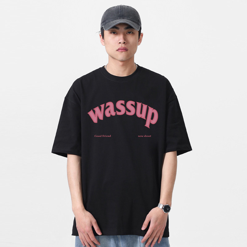 WASSUP HEODS假绣花设计感短袖t恤男女款重磅纯棉宽松半袖上衣服_虎窝淘