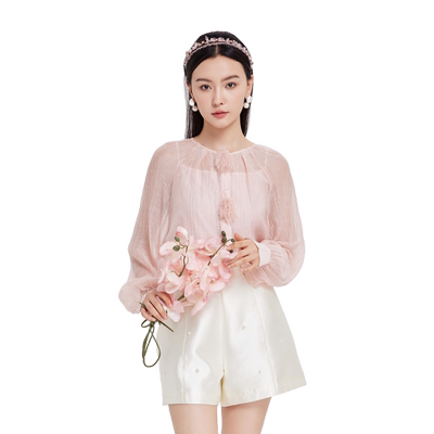 鲁思蒂粉色长袖衬衫设计感