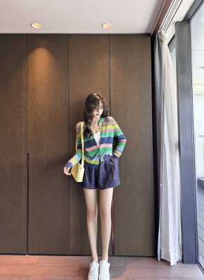 其他单排扣圆领开衫条纹羊毛