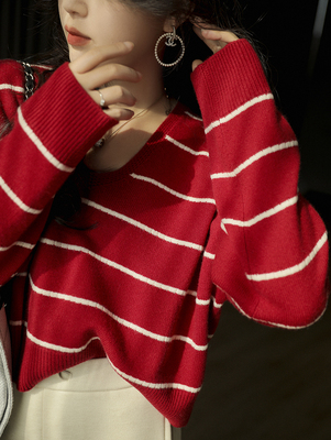 其他针织v领套头条纹羊绒羊毛