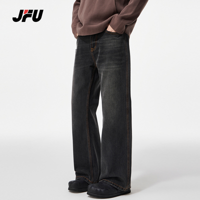JFU潮牌美式复古微喇直筒牛仔裤