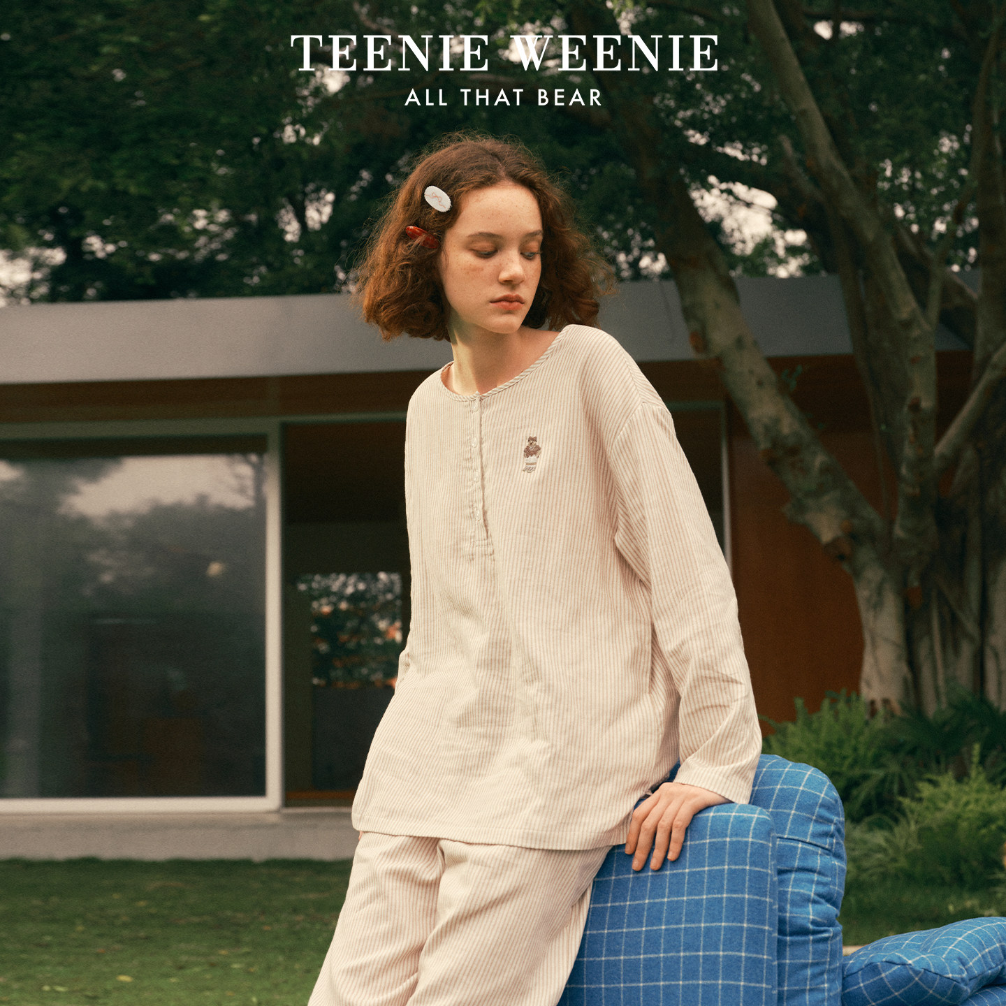 TeenieWeenie小熊纯棉睡衣女款A类夏季条纹双层纱套头家居服套装
