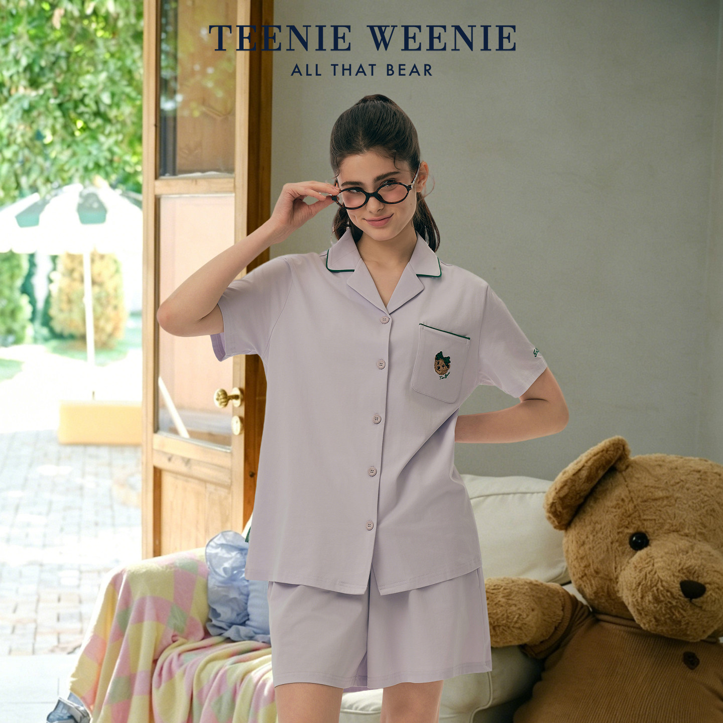 TeenieWeenie小熊刺绣睡衣女2026新款上衣夏季短袖短裤家居服套装